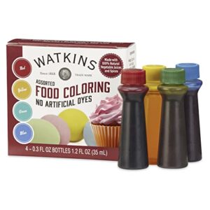 watkins assorted food coloring, 1 each red, yellow, green, blue, total four .3 oz bottles