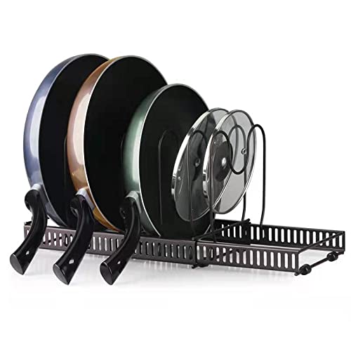 YANEYRIE Pot Rack Organizer,Pan Holder Rack with 7 adjustable Dividers,Pot Lid Organizer Holder for Kitchen Cabinet (Bronze)