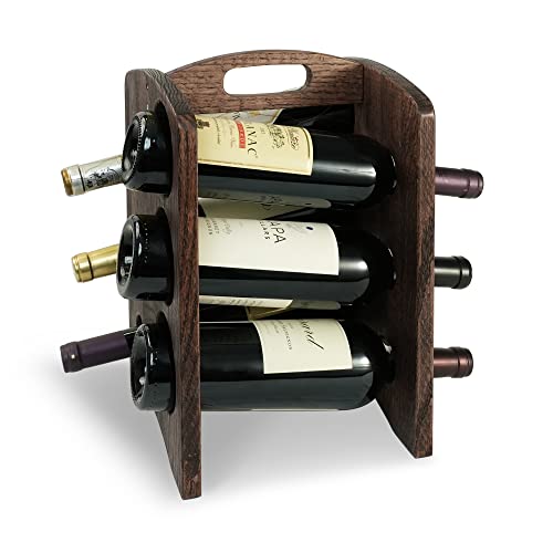 CONSDAN Wine Rack, Wine Racks Countertop, USA Grown Oak Wine Bottle Holder, Freestanding Countertop Wine Holder Stand, Portable 6 Bottles Wine Display Rack (Chocolate Color)