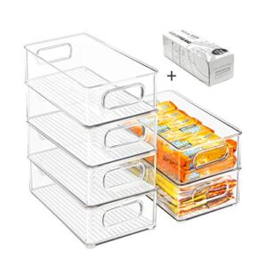 stackable refrigerator organizer bins, 6 pack clear kitchen organizer container bins with handles and 20 pcs free plastic bags for pantry, cabinets, shelves, drawer, freezer – food safe, bpa free 10″l