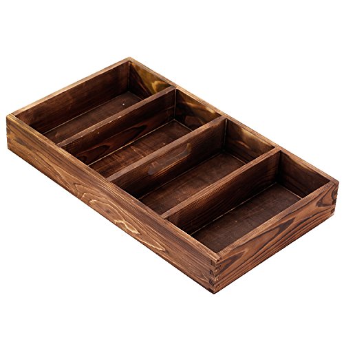 MyGift Burnt Wood Drawer Organizer Tray with 4 Slots, Multipurpose Utensil, Cutlery, Tools Wooden Bin