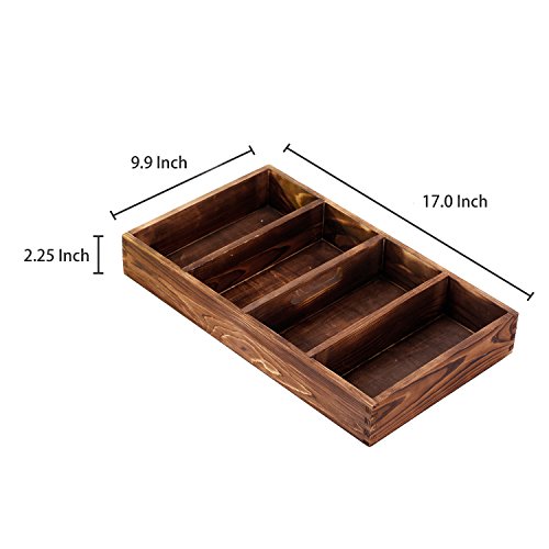 MyGift Burnt Wood Drawer Organizer Tray with 4 Slots, Multipurpose Utensil, Cutlery, Tools Wooden Bin