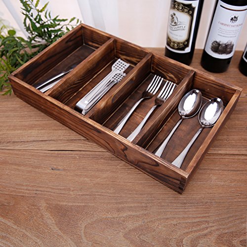 MyGift Burnt Wood Drawer Organizer Tray with 4 Slots, Multipurpose Utensil, Cutlery, Tools Wooden Bin