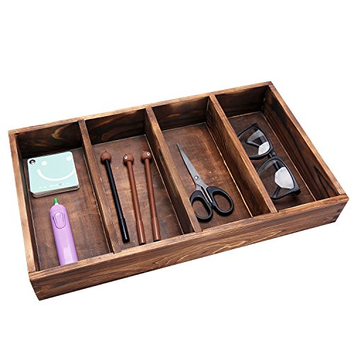 MyGift Burnt Wood Drawer Organizer Tray with 4 Slots, Multipurpose Utensil, Cutlery, Tools Wooden Bin