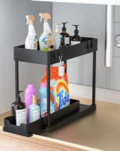 gaclibl under sink organizers and storage, 2 tier under cabinet organizer with 4 hooks pull out under sink storage for bathroom kitchen cabinet counter pantry, black