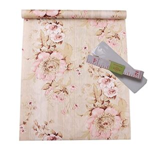 self adhesive vinyl pink peony floral contact paper with wallpaper smoothing tool kit – decorative floral shelf liner cabinets dresser drawer furniture walls crafts decor sticker 17.7″x117″