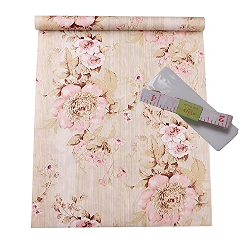 Self Adhesive Vinyl Pink Peony Floral Contact Paper with Wallpaper Smoothing Tool Kit - Decorative Floral Shelf Liner Cabinets Dresser Drawer Furniture Walls Crafts Decor Sticker 17.7"X117"