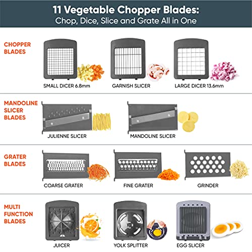 RüK Vegetable Chopper Slicer Onion Chopper Dicer, Multi 22-in-1 Veggie Mandoline Slicer Food Chopper Cutter for Tomato Fruit with Lemon Squeezer, E-Recipe, 11 Blades, Egg Separator & Slicer, Container