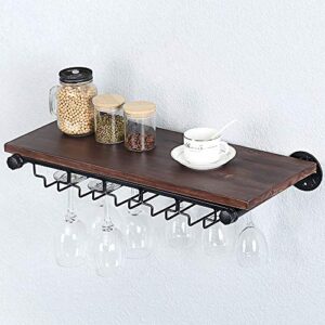 Industrial Pipe Shelving Hanging Stemware Racks,Rustic Wall Mounted Wine Rack with 5 Glass Holder,24in Steampunk Iron Floating Bar Shelves,Metal Real Wood Shelf Wall Shelf Stemware Holder