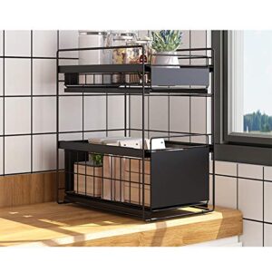 KAKIBLIN Sliding Storage Basket, 2-Tier Under Sink Cabinet Organizer with Sliding Basket Organizer Pull Out Sliding Basket Organizer Drawer for Bathroom, Kitchen, Office, Black