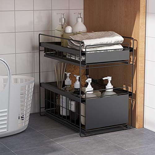 KAKIBLIN Sliding Storage Basket, 2-Tier Under Sink Cabinet Organizer with Sliding Basket Organizer Pull Out Sliding Basket Organizer Drawer for Bathroom, Kitchen, Office, Black