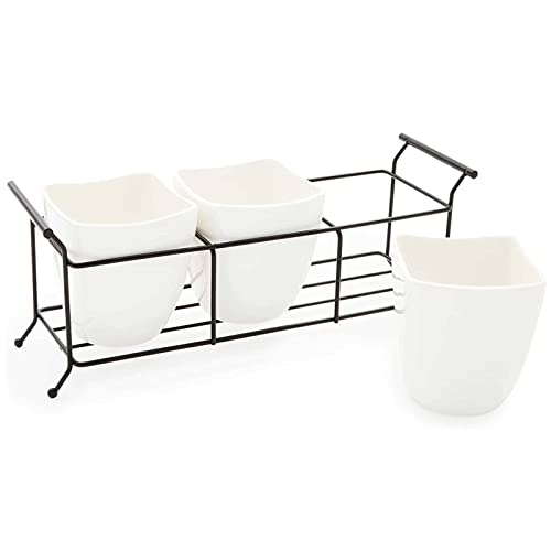 White Ceramic Utensil Holder, Flatware Caddy with Metal Stand (13 x 4 x 5 In)