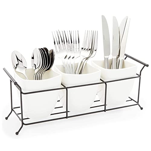 White Ceramic Utensil Holder, Flatware Caddy with Metal Stand (13 x 4 x 5 In)