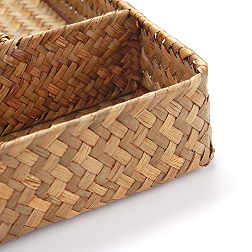 Seagrass Storage Basket with Compartments Utensil Tray for Organization Silverware Flatware Rectangular Shelf Baskets with 4 Sections