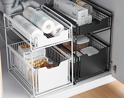 KirinRen Stackable 2-Tie Under Sink Cabinets Organizer With Sliding Storage Drawer, Pull Out Cabinets Organizer Shelf, Sliding Basket Organizer Drawer For Kitchen, Bathroom, Office (White)