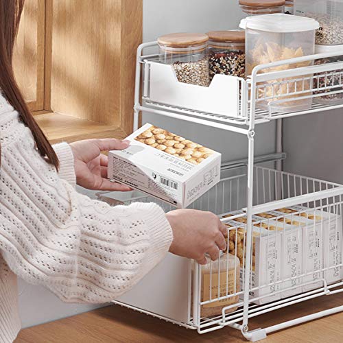 KirinRen Stackable 2-Tie Under Sink Cabinets Organizer With Sliding Storage Drawer, Pull Out Cabinets Organizer Shelf, Sliding Basket Organizer Drawer For Kitchen, Bathroom, Office (White)