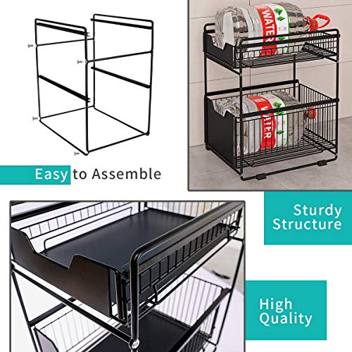 KirinRen Stackable 2-Tie Under Sink Cabinets Organizer With Sliding Storage Drawer, Pull Out Cabinets Organizer Shelf, Sliding Basket Organizer Drawer For Kitchen, Bathroom, Office (White)