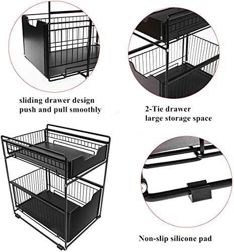 KirinRen Stackable 2-Tie Under Sink Cabinets Organizer With Sliding Storage Drawer, Pull Out Cabinets Organizer Shelf, Sliding Basket Organizer Drawer For Kitchen, Bathroom, Office (White)