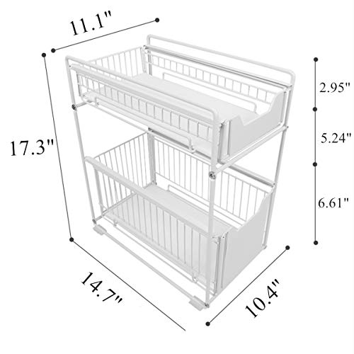 KirinRen Stackable 2-Tie Under Sink Cabinets Organizer With Sliding Storage Drawer, Pull Out Cabinets Organizer Shelf, Sliding Basket Organizer Drawer For Kitchen, Bathroom, Office (White)