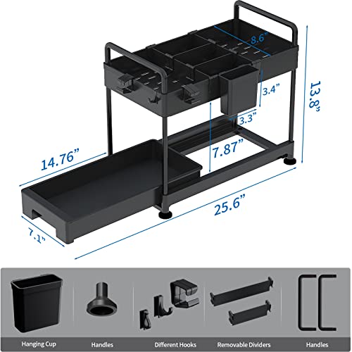 SOLEJAZZ 2-Tier Under Sink Organizer, Sliding Under Bathroom Cabinet Storage Drawer Organizer with Hooks, Hanging Cup, Dividers, Handles, Multi-purpose Under Sink Shelf Organizer, Black, 2 Pack