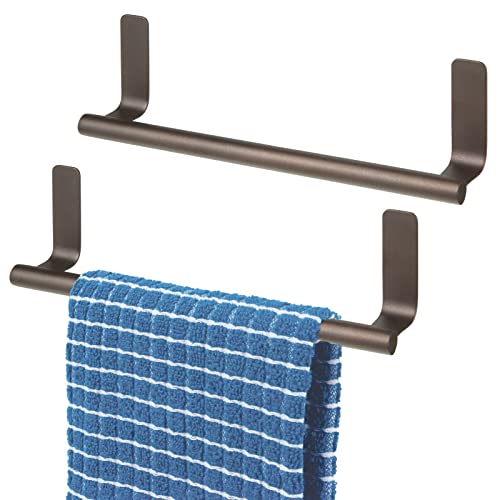 mDesign Steel Wall-Mounted Towel Rack Storage Holder - Self-Adhesive Space Saving Bar for Kitchen - Holds Hand and Dish Towels - Stick on Doors, Cabinet, Cupboard - Omni Collection - 2 Pack - Bronze