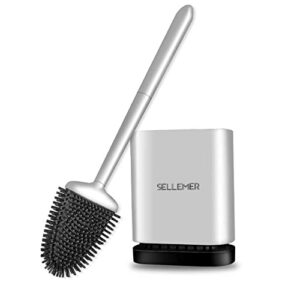 sellemer toilet brush and holder set for bathroom, flexible toilet bowl brush head with silicone bristles, compact size for storage and organization, ventilation slots base (silver)