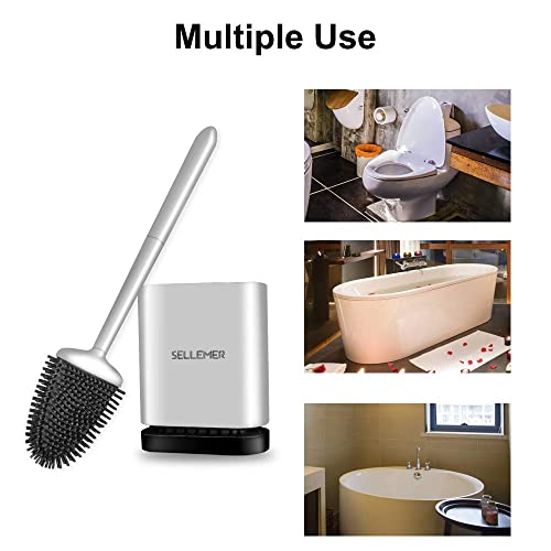 Sellemer Toilet Brush and Holder Set for Bathroom, Flexible Toilet Bowl Brush Head with Silicone Bristles, Compact Size for Storage and Organization, Ventilation Slots Base (Silver)