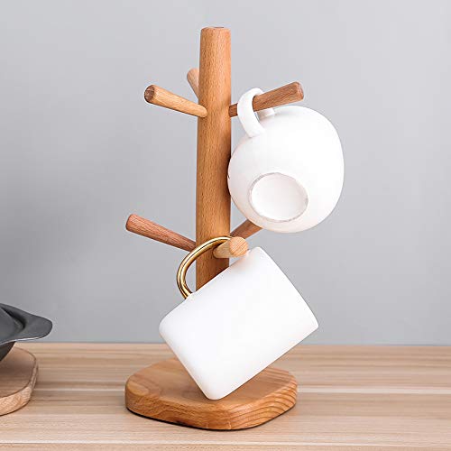 Hooshion Wooden Mug Rack Holder Stand, Coffee Mug Holder Stand, Mug Tree Holder with 6 Hooks Cups Organizer Cups Dryer for Tea Cup Coffee Cup Mug