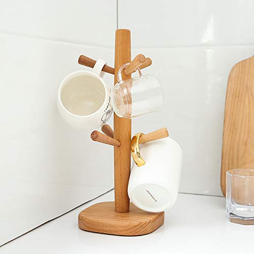 Hooshion Wooden Mug Rack Holder Stand, Coffee Mug Holder Stand, Mug Tree Holder with 6 Hooks Cups Organizer Cups Dryer for Tea Cup Coffee Cup Mug