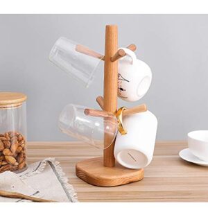 Hooshion Wooden Mug Rack Holder Stand, Coffee Mug Holder Stand, Mug Tree Holder with 6 Hooks Cups Organizer Cups Dryer for Tea Cup Coffee Cup Mug