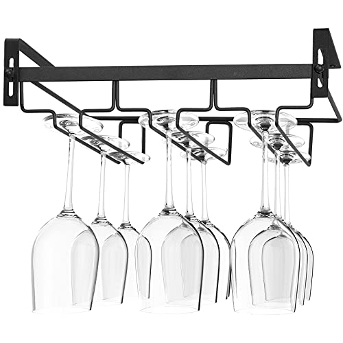 Kamehame Wine Glass Rack Under Cabinet, Nail Free Hanging Stemware Rack Metal Glasses Holder Storage Hanger for Kitchen, Bar(3 Rows, Black)