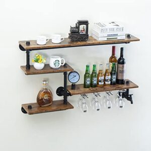 heoniture bar shelf industrial pipe shelving 4 stem glass holder,39in floating wine rack wall mounted shelves,hanging liquor shelves,display rack home bar living room black 7.87dx7.87wx23.6h”