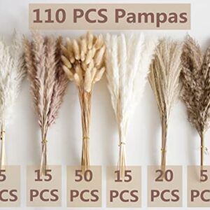 110 PCS Dried Pampas Grass Bouquet, Boho Table Decor, Bunny Tails Dried Flowers, Brown Pompas, White Pampas Grass for Wedding, Home, Rustic Party, Baby Shower Decorations