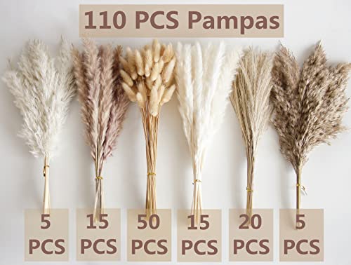 110 PCS Dried Pampas Grass Bouquet, Boho Table Decor, Bunny Tails Dried Flowers, Brown Pompas, White Pampas Grass for Wedding, Home, Rustic Party, Baby Shower Decorations