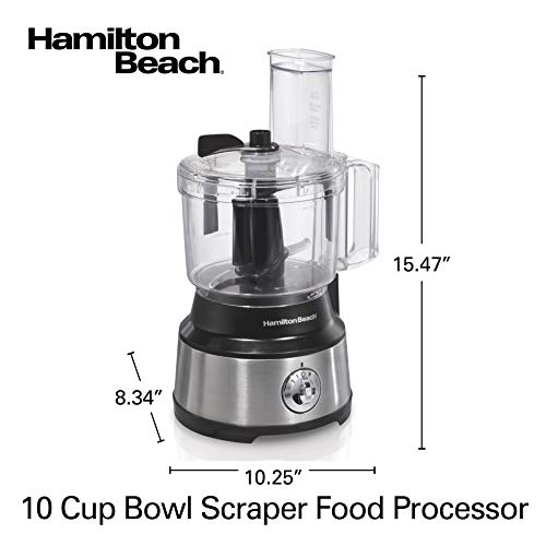 Hamilton Beach Food Processor & Vegetable Chopper for Slicing, Shredding, Mincing, and Puree, 10 Cups - Bowl Scraper, Stainless Steel