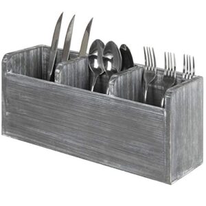 mygift vintage gray wood utensil holder rack with 3 compartment for forks spoon knives, flatware organizer cutlery caddy for kitchen counter dining table display