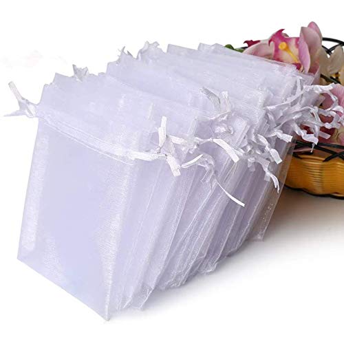 Hopttreely 100PCS Premium Sheer Organza Bags, White Wedding Favor Bags with drawstinr, 4x4.72 Jewelry Gift Bags for Party, Jewelry, Christmas, Festival, Bathroom Soaps, Makeup Organza Favor Bags