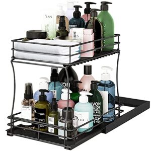 muuboox under sink cabinet organizer storage,pull out cabinet organizer with 2 tier pull out sliding shelf with protective shelf liners for kitchen bathroom cabinet 11.6wx15.8dx13.3h-inch (black)