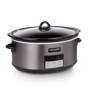 crockpot 8 quart slow cooker with auto warm setting and cookbook, black stainless steel