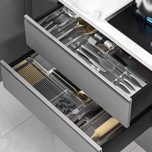 AOBOC Clear Plastic Kitchen Drawer Organizer with Two Adjustable Compartments,Flatware Organizer for Silverware,Cutlery or Kitchen Gadgets (3.9W×16.2L)