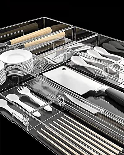 AOBOC Clear Plastic Kitchen Drawer Organizer with Two Adjustable Compartments,Flatware Organizer for Silverware,Cutlery or Kitchen Gadgets (3.9W×16.2L)