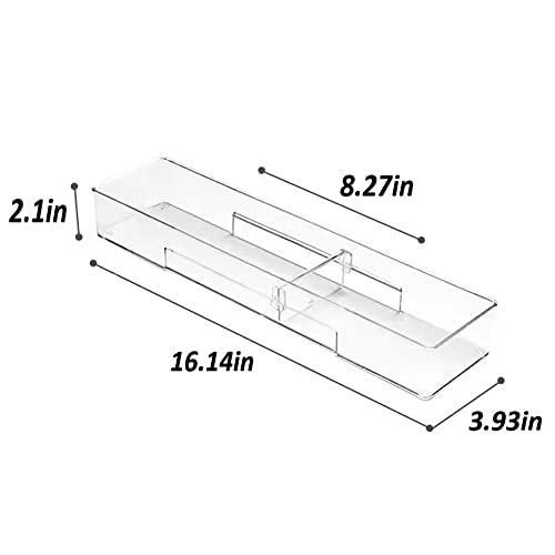 AOBOC Clear Plastic Kitchen Drawer Organizer with Two Adjustable Compartments,Flatware Organizer for Silverware,Cutlery or Kitchen Gadgets (3.9W×16.2L)