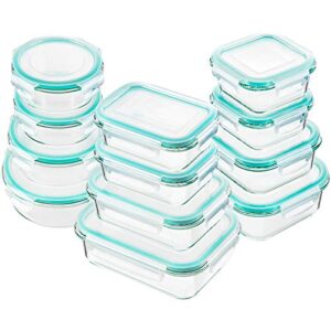 bayco glass food storage containers with lids, [24 piece] glass meal prep containers, airtight glass bento boxes, bpa free & leak proof (12 lids & 12 containers) – blue