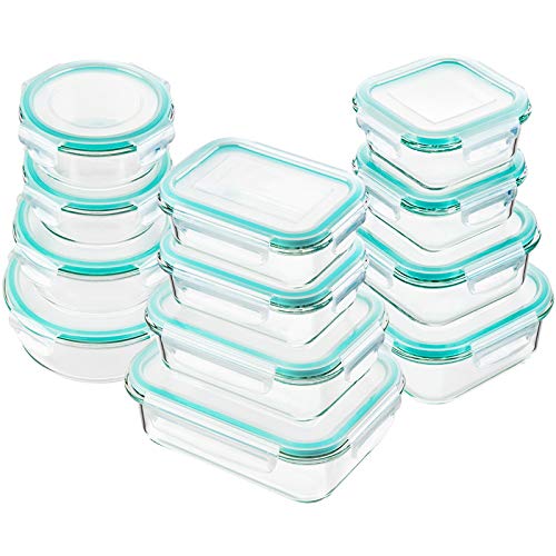 BAYCO Glass Food Storage Containers with Lids, [24 Piece] Glass Meal Prep Containers, Airtight Glass Bento Boxes, BPA Free & Leak Proof (12 lids & 12 Containers) - Blue