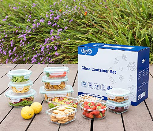 BAYCO Glass Food Storage Containers with Lids, [24 Piece] Glass Meal Prep Containers, Airtight Glass Bento Boxes, BPA Free & Leak Proof (12 lids & 12 Containers) - Blue