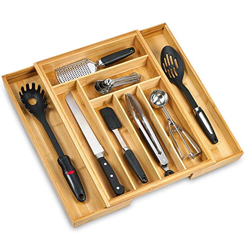 Expandable Drawer Utensils Organizer 100% Bamboo – Large Adjustable Wood Cutlery and Utility Drawer Insert. Kitchen Drawer Divider 8 Compartments.