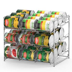 can organizer stackable can storage dispenser rack 3 tier holds up 36 cans rotates first in first out for kitchen cabinet or pantry, chrome finish