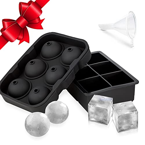 Ice Cube Trays Silicone (Set of 2) Whiskey Ice Ball Mold, Ice Ball Maker Mold, Round Ice Cube Mold, Sphere Ice Cube Mold, Square Large Ice Cube Tray for Cocktails & Bourbon - Easy Release BPA Free