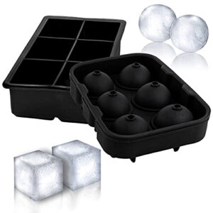 Ice Cube Trays Silicone (Set of 2) Whiskey Ice Ball Mold, Ice Ball Maker Mold, Round Ice Cube Mold, Sphere Ice Cube Mold, Square Large Ice Cube Tray for Cocktails & Bourbon - Easy Release BPA Free