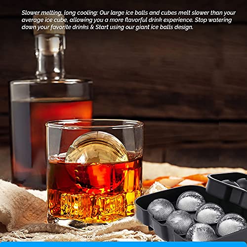 Ice Cube Trays Silicone (Set of 2) Whiskey Ice Ball Mold, Ice Ball Maker Mold, Round Ice Cube Mold, Sphere Ice Cube Mold, Square Large Ice Cube Tray for Cocktails & Bourbon - Easy Release BPA Free